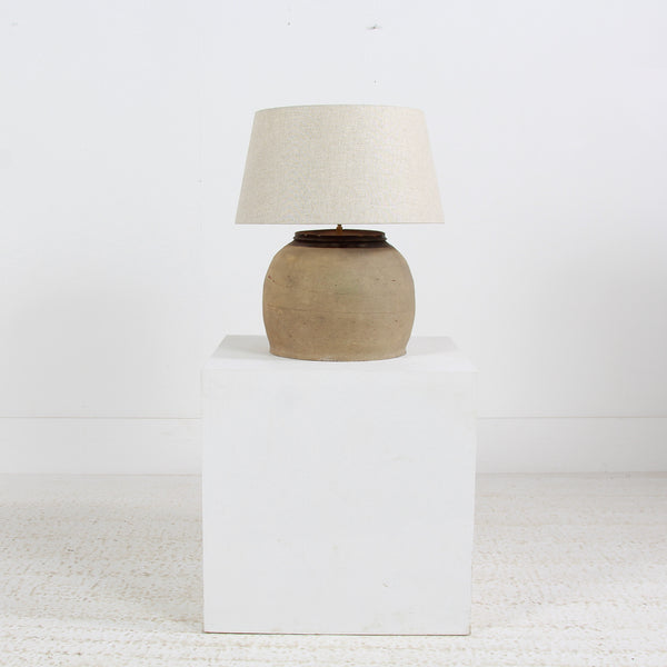 RUSTIC EARTHENWARE STORAGE POT TABLE LAMP WITH NATURAL LINEN SHADE ...
