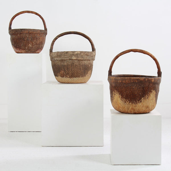 WONDERFUL Rustic ANTIQUE WOVEN RICE BASKETS WITH TREE BRANCH HANDLES ...